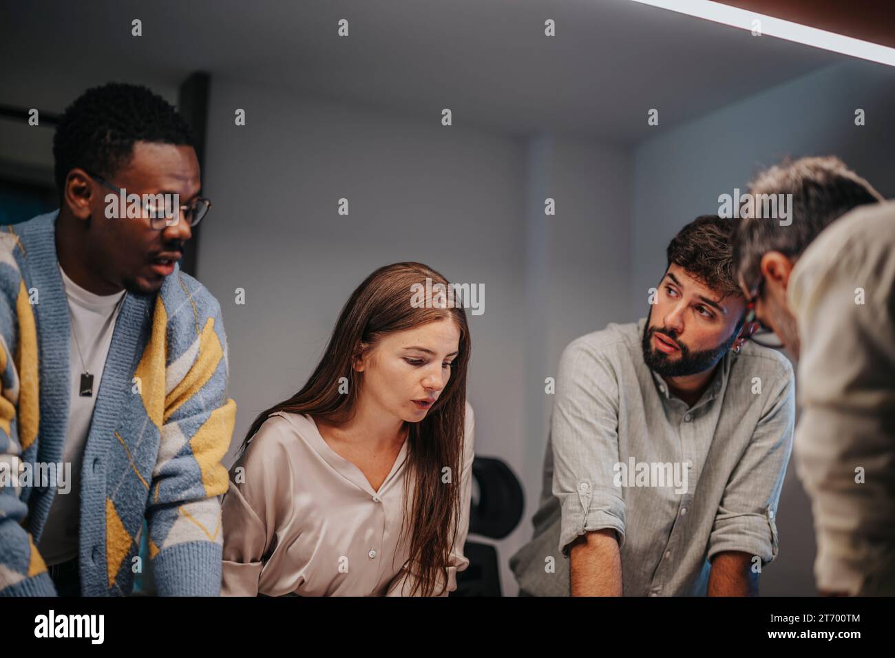 Diverse professionals collaborate in a modern conference room ...
