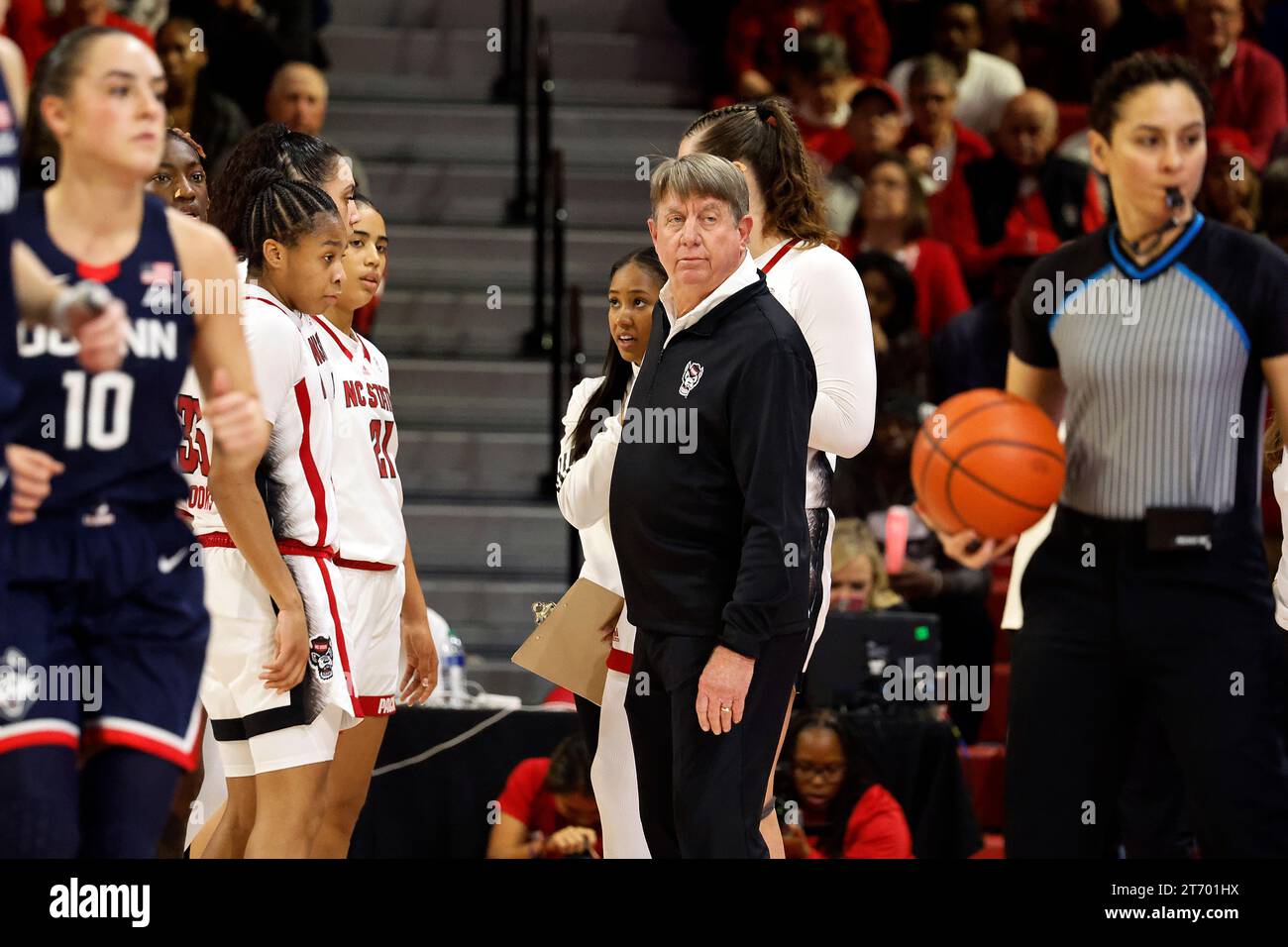 North Carolina State head coach Wes Moore looks toward the scorers ...