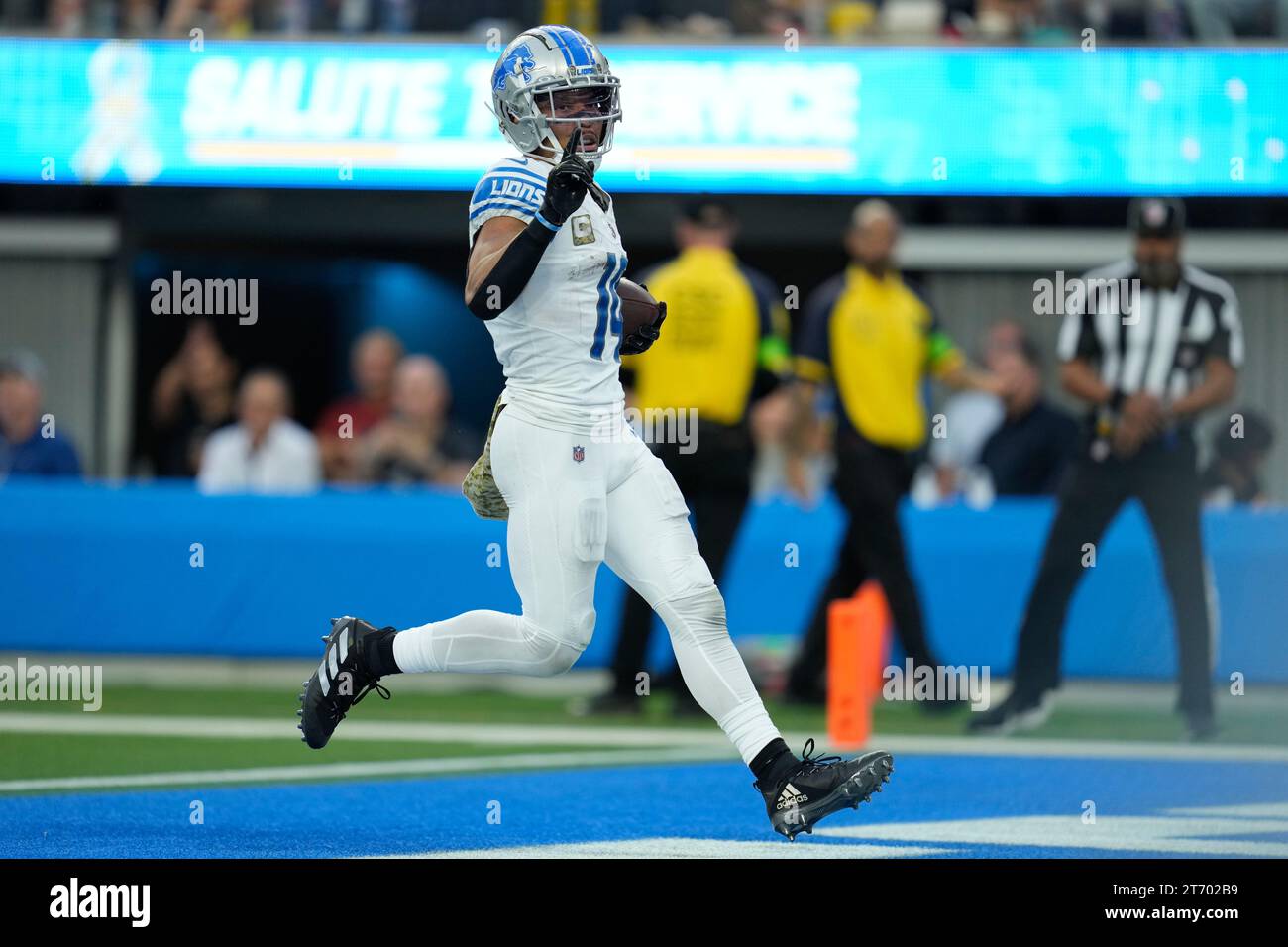 Detroit Lions wide receiver Amon-Ra St. Brown (14) scores a touchdown ...