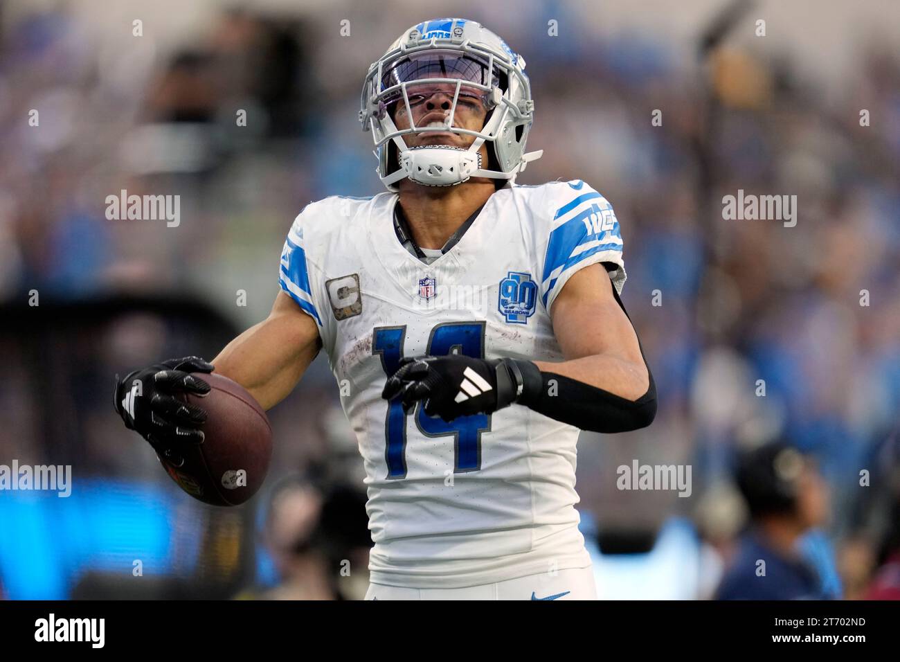 Detroit Lions wide receiver Amon-Ra St. Brown reacts after a catch ...