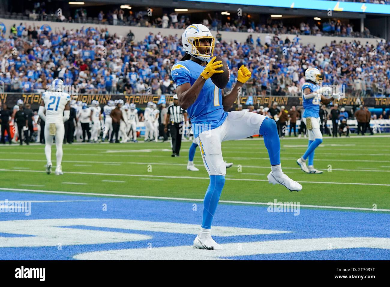 Los Angeles Chargers wide receiver Quentin Johnston celebrates his ...
