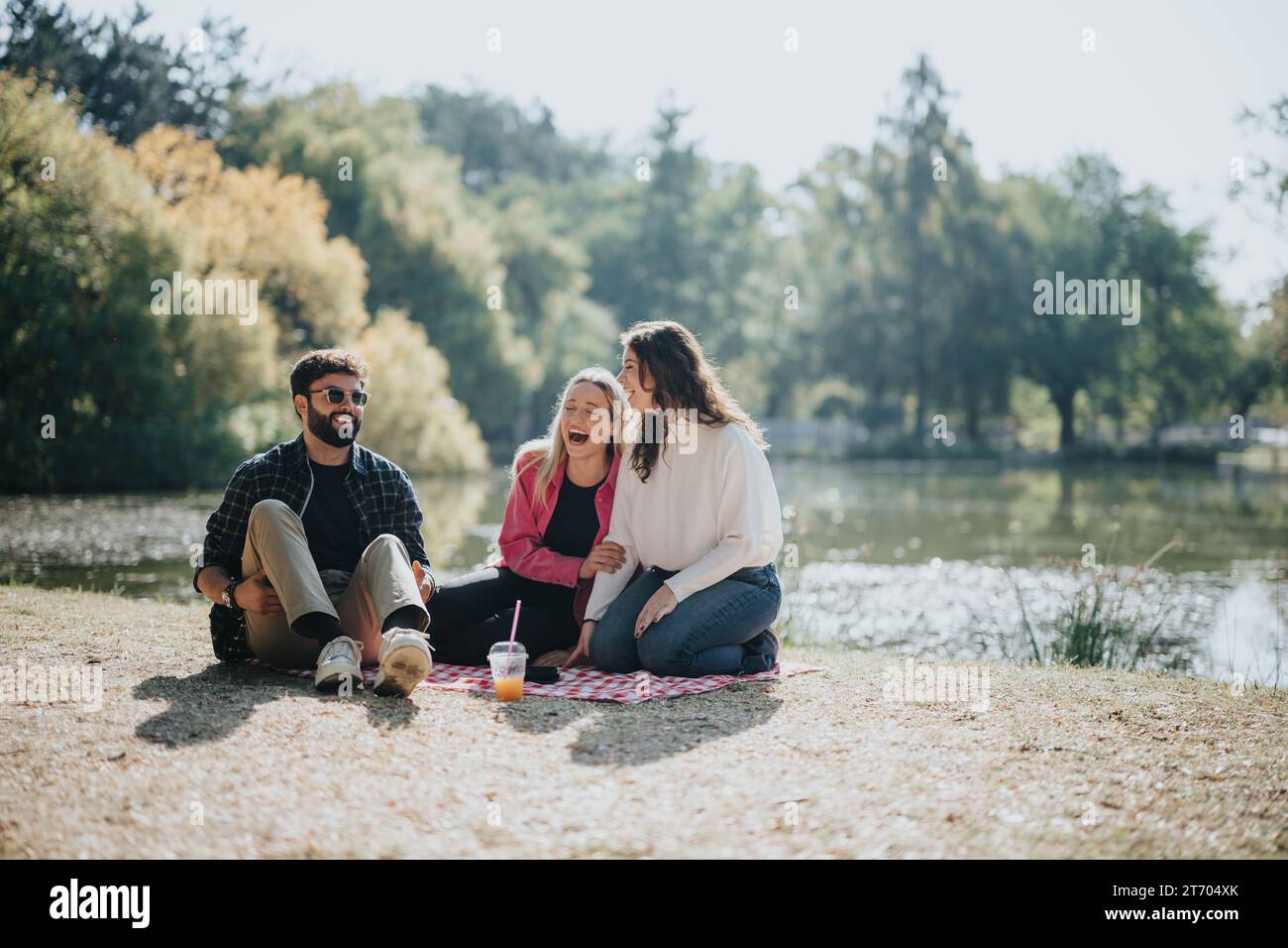 Young friends gathering in a city park, enjoying a carefree sunny day ...