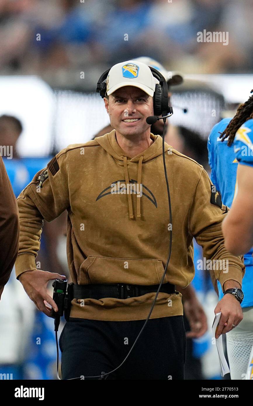 Los Angeles Chargers head coach Brandon Staley smiles on the sideline ...