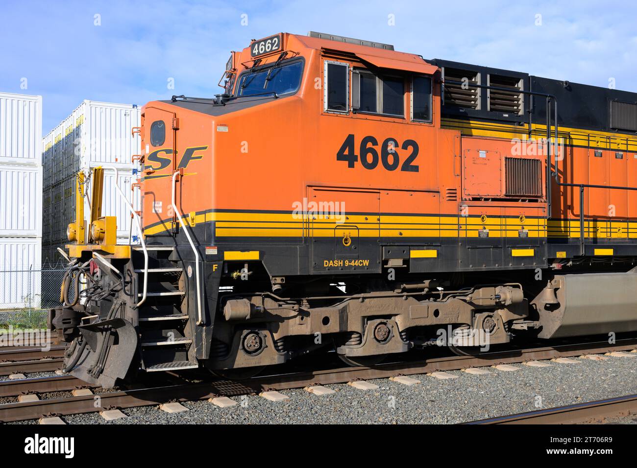Everett WA, USA - November 8, 2023; Front of BNSF freight locomotivre in classic orange yellow ...