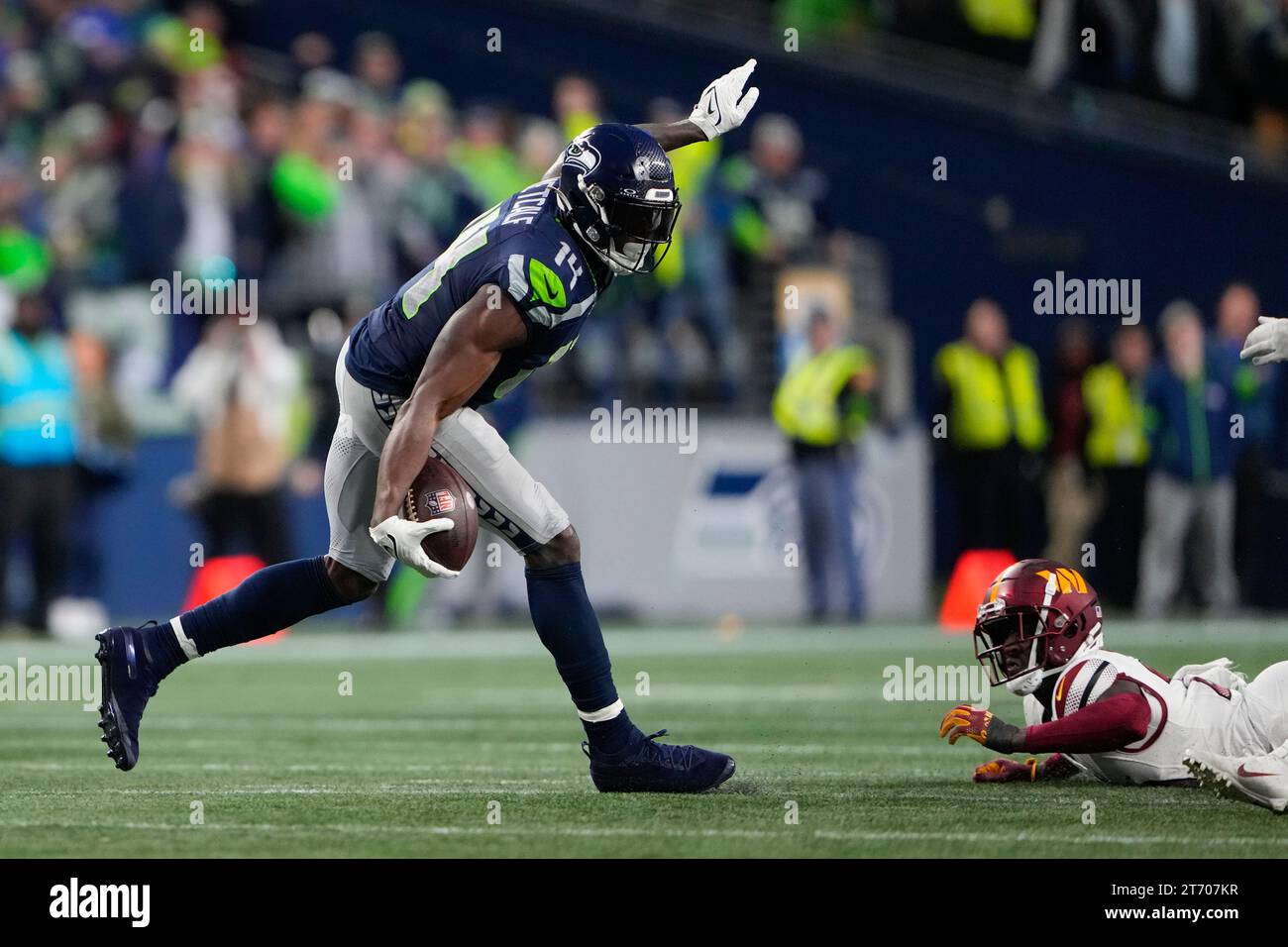 Seattle Seahawks wide receiver DK Metcalf (14) celebrates in the second ...