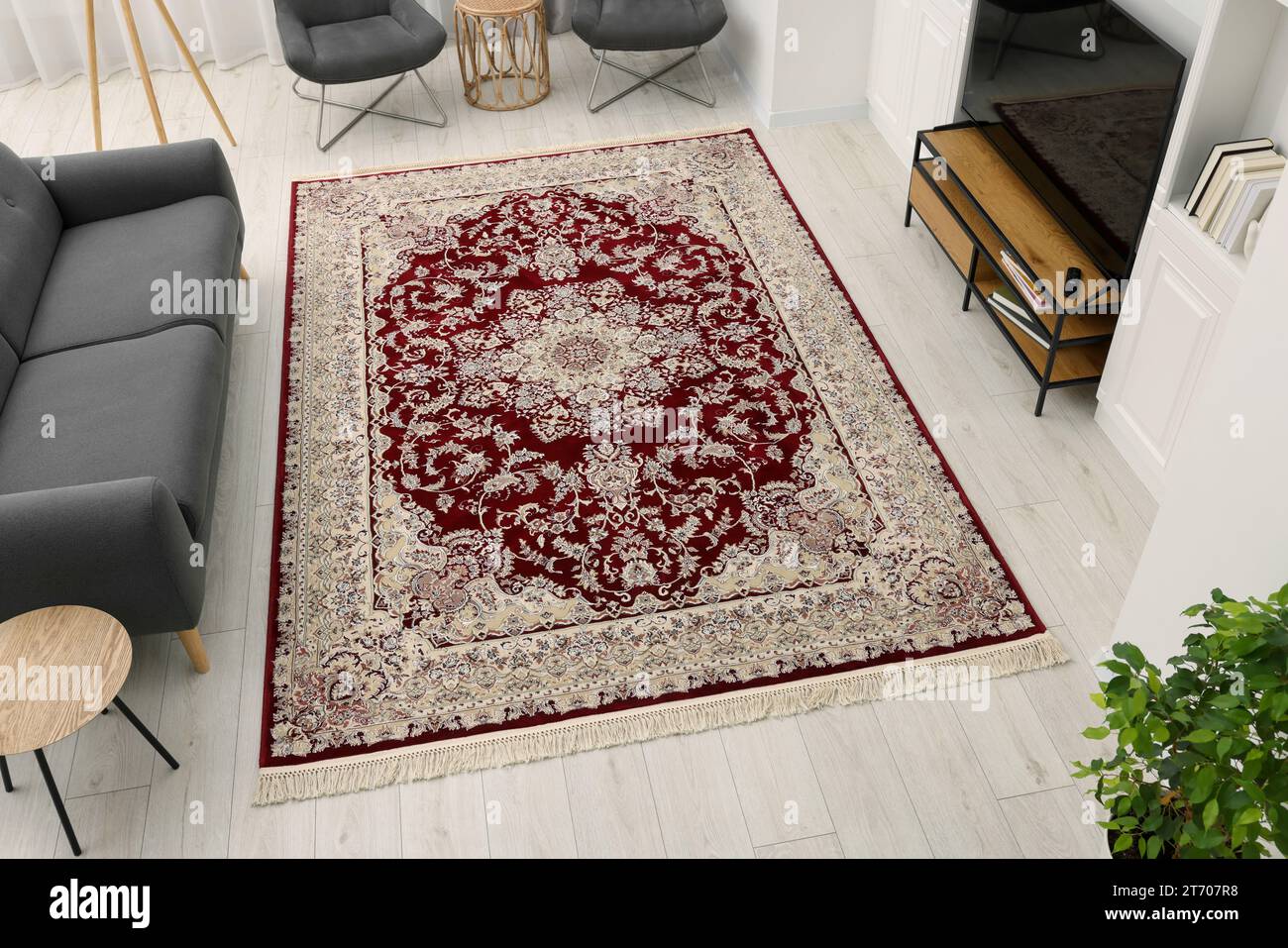 Stylish room with beautiful rug and furniture, above view. Interior ...