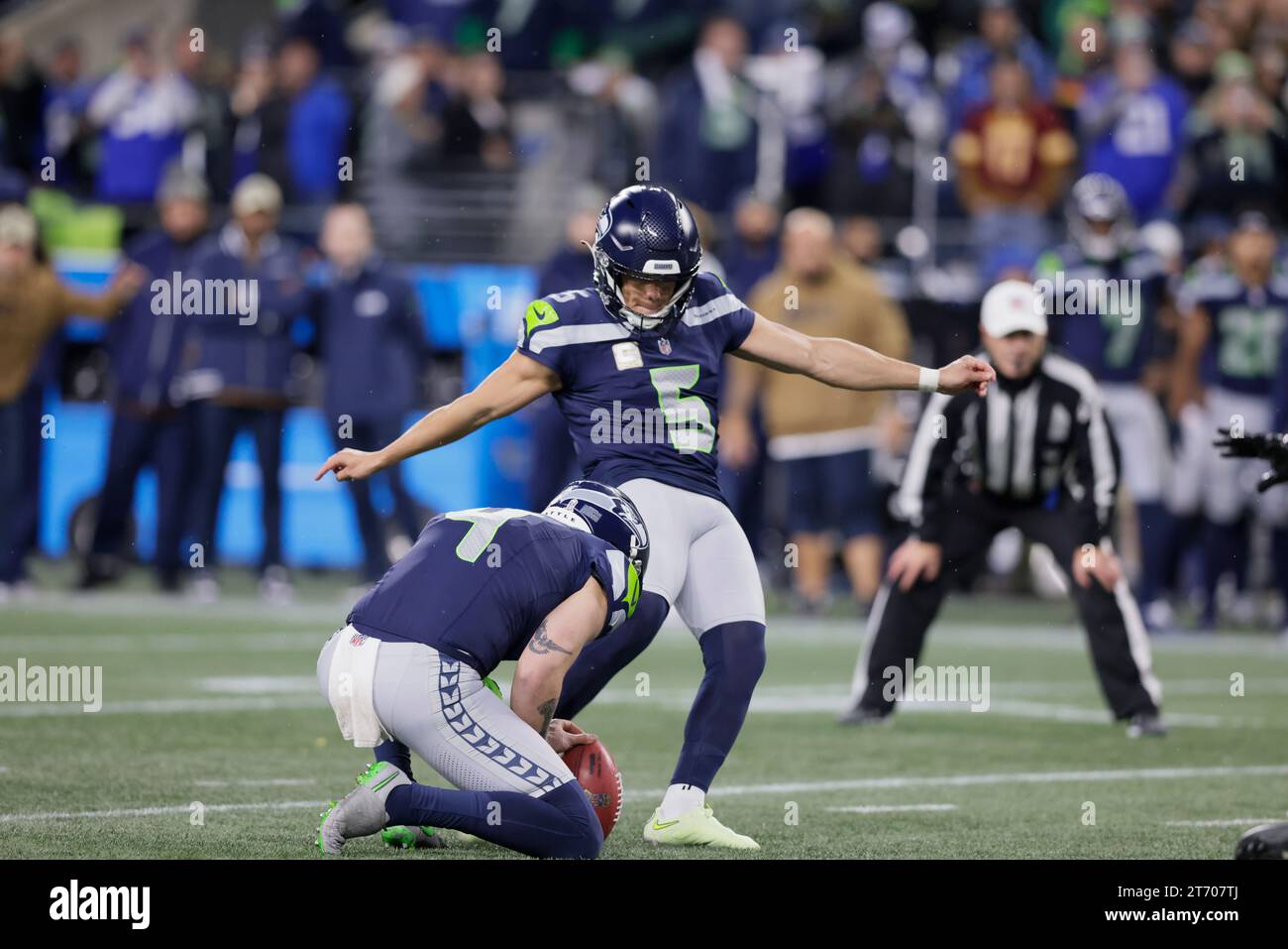 Seattle Seahawks place kicker Jason Myers (5) kicks a field goal in the ...