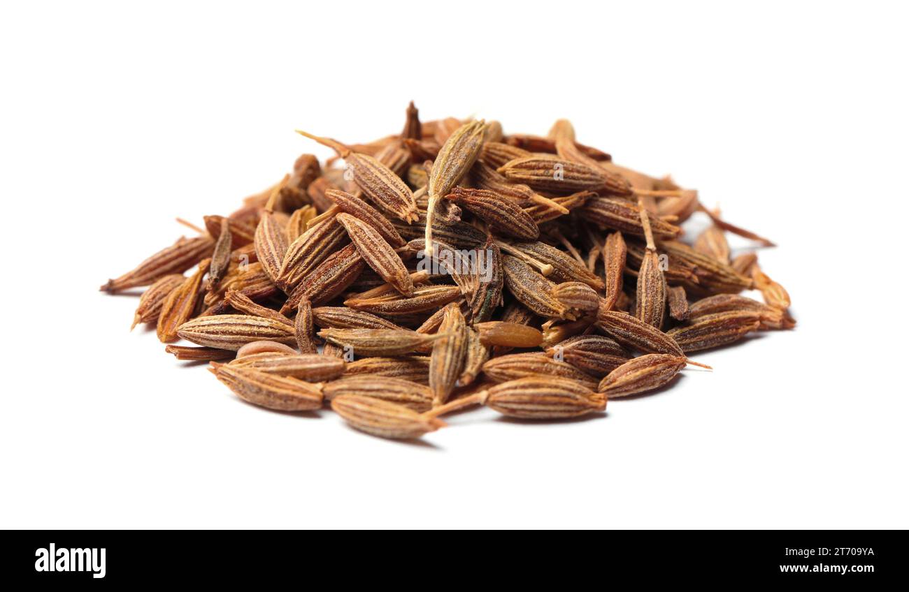Heap of aromatic caraway (Persian cumin) seeds isolated on white Stock ...