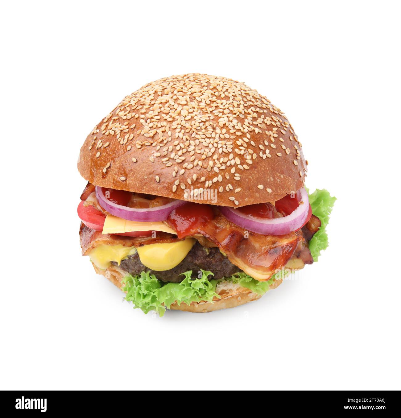 Delicious burger with bacon, patty and vegetables isolated on white ...