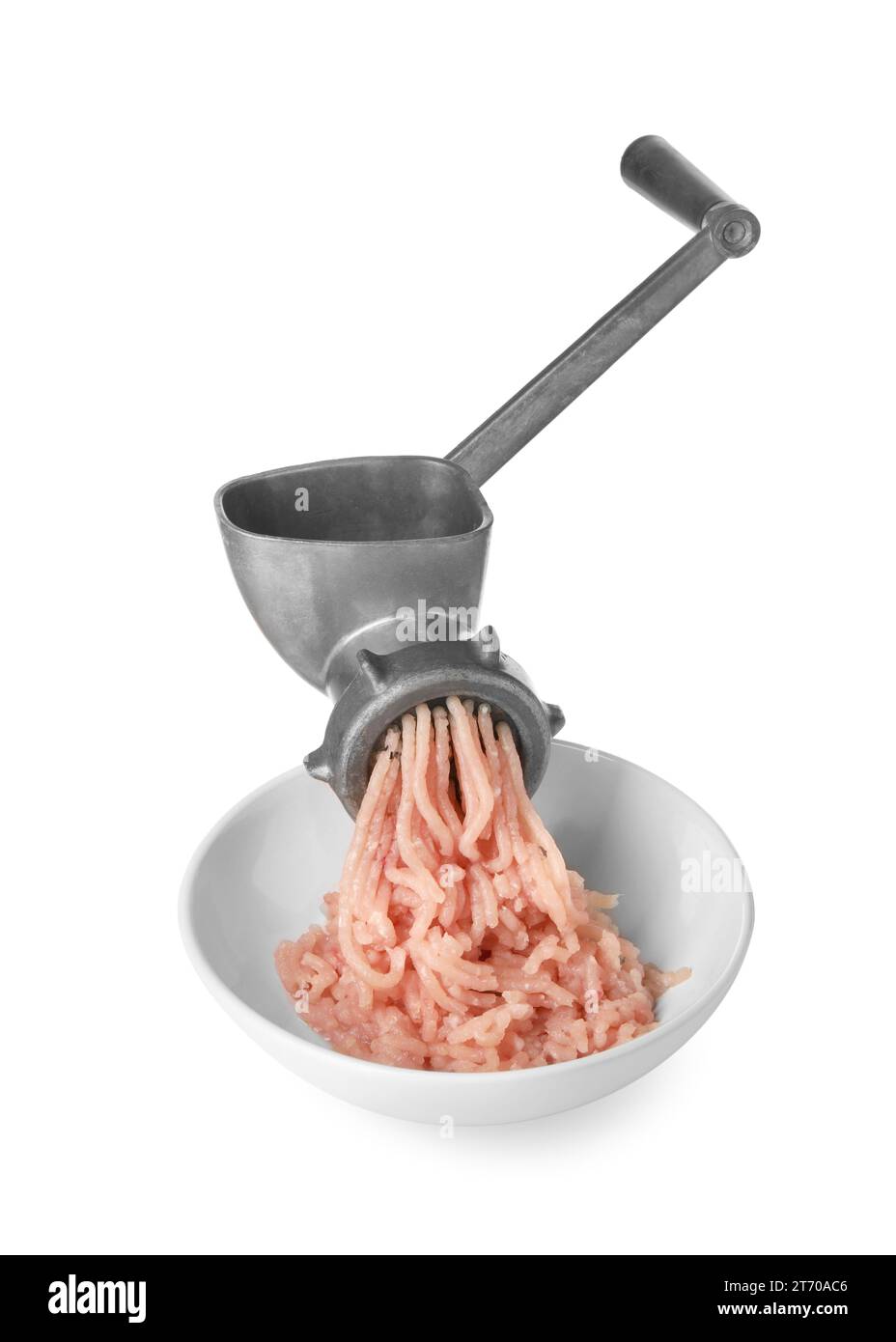Metal meat grinder with chicken mince and bowl isolated on white Stock ...