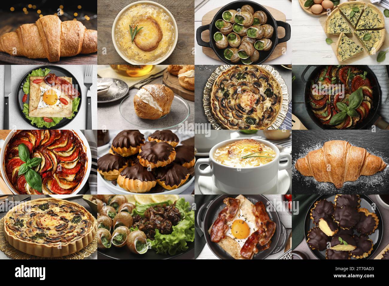 Different tasty French dishes. Collage with ratatouille, onion soup, quiche, desserts and others ...
