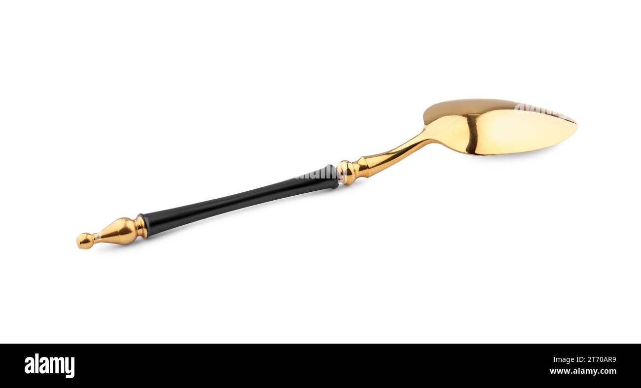 Elegant shiny golden spoon isolated on white Stock Photo - Alamy