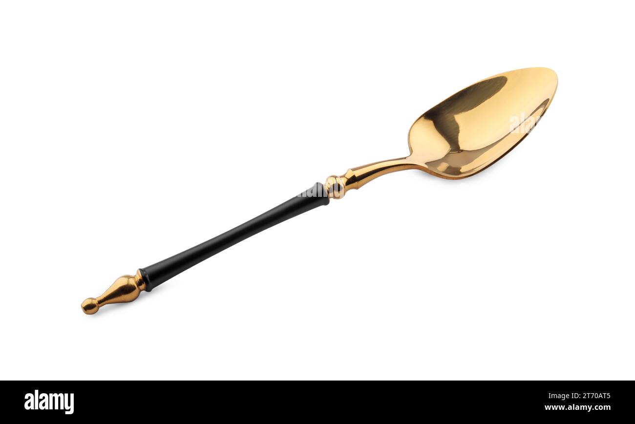 Elegant shiny golden spoon isolated on white Stock Photo - Alamy