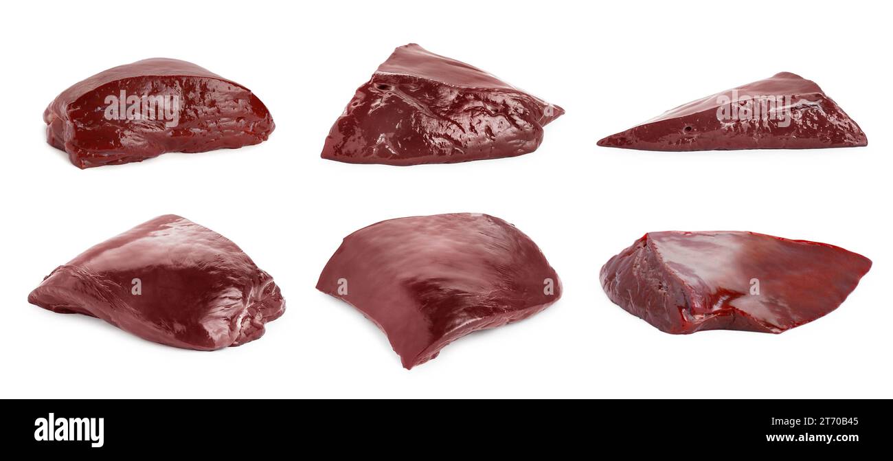 Pieces of raw beef liver isolated on white, set Stock Photo - Alamy