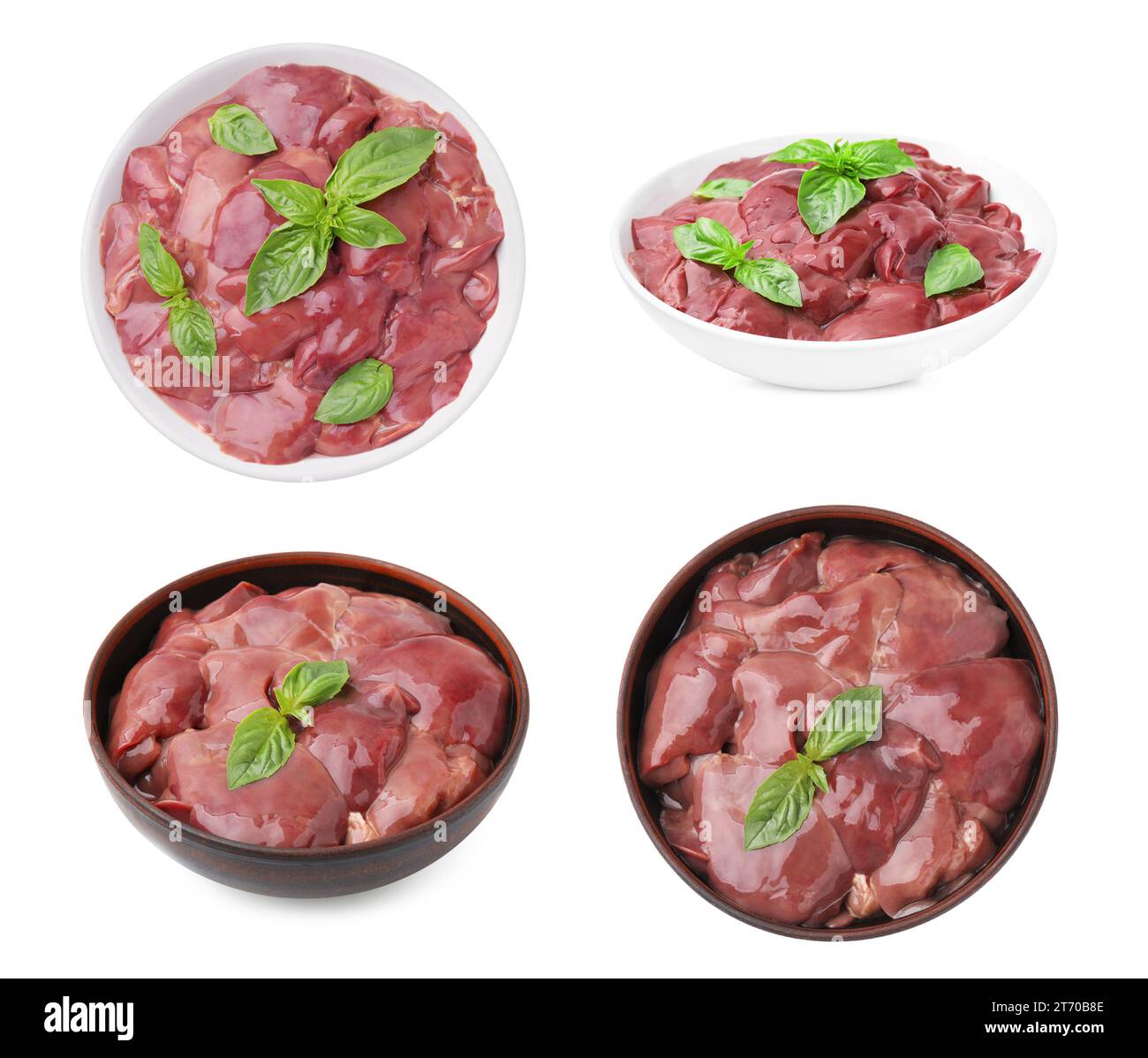 Fresh chicken liver in bowls isolated on white, collection. Top and ...