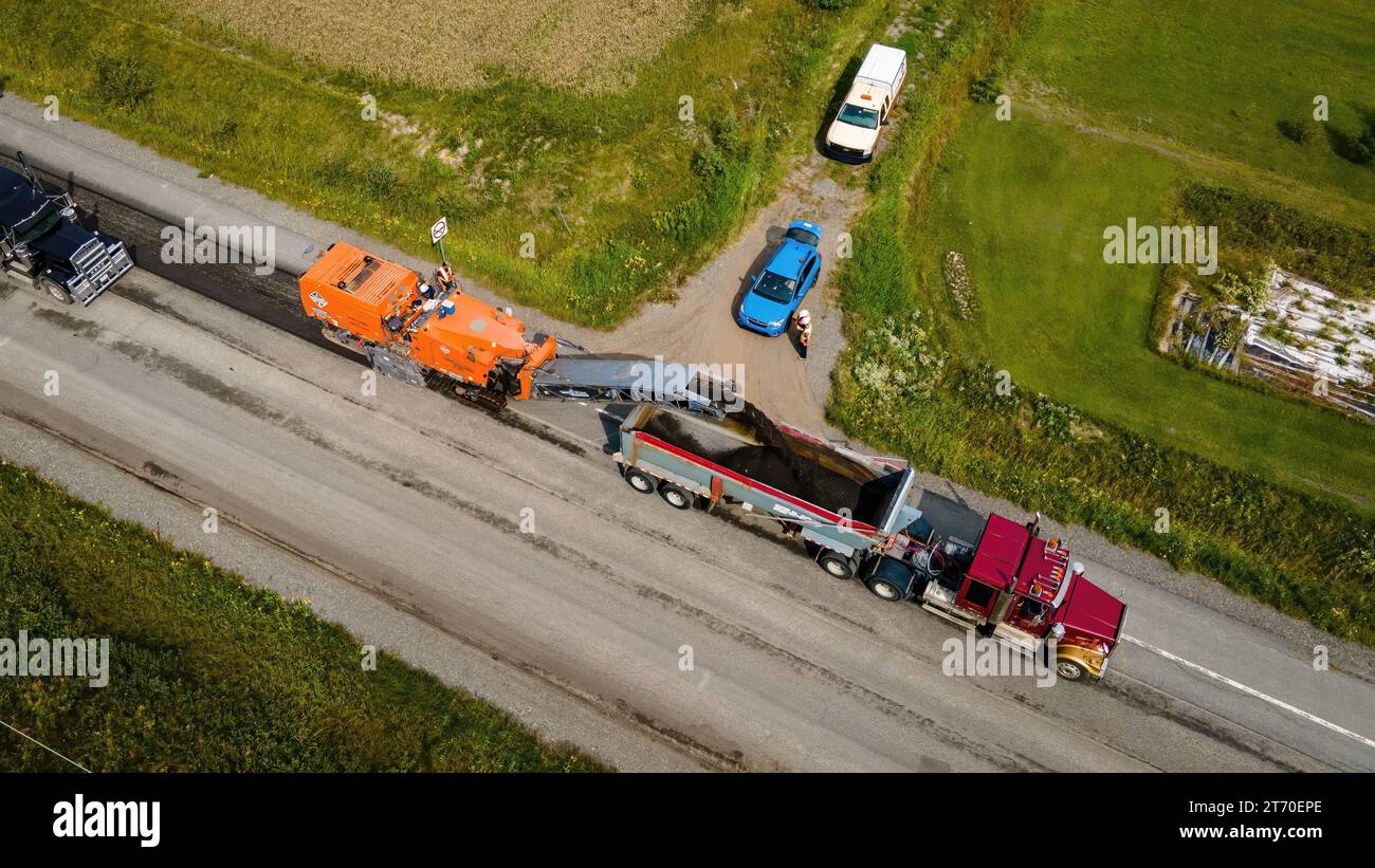 2023-08-21, Macamic, Quebec, Canada; Aerial view of an asphalt planer ...