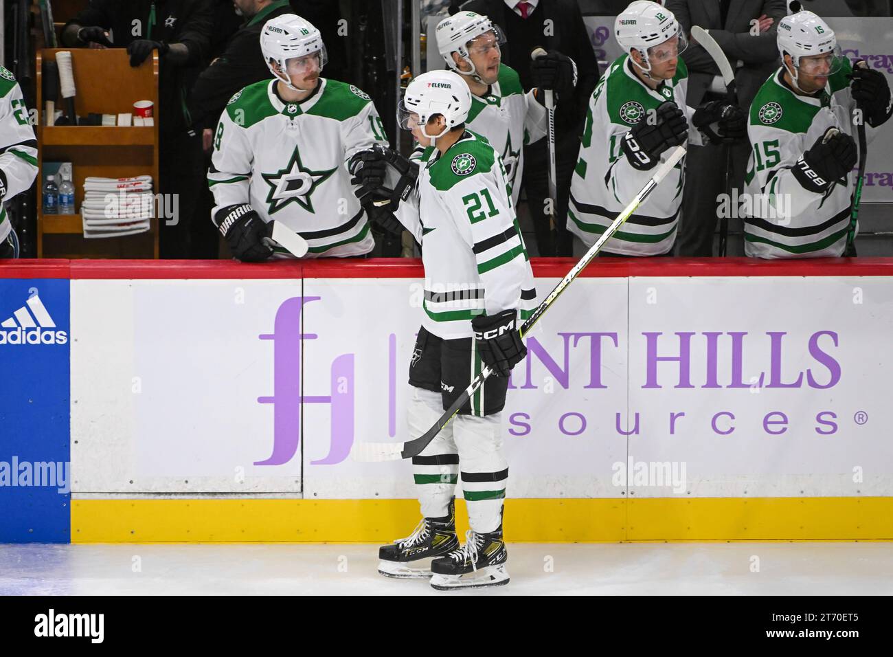 Dallas Stars left wing Jason Robertson celebrates with he bench after ...