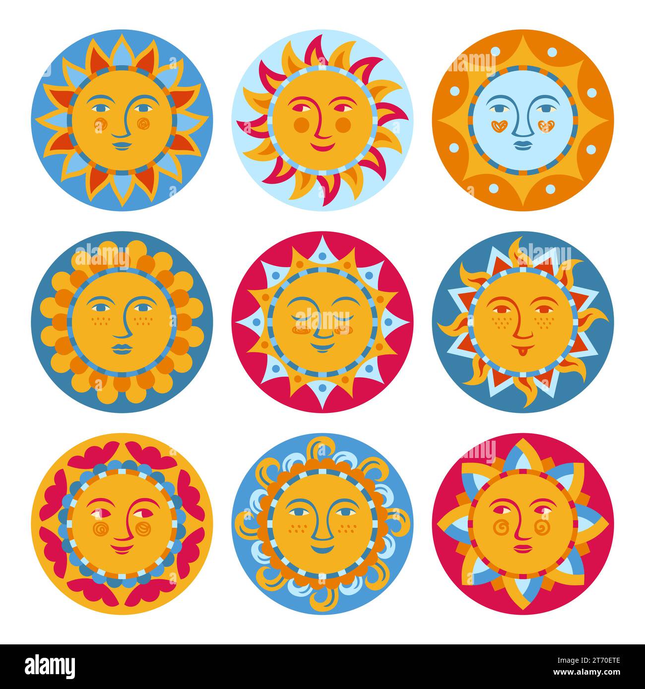Sun with face abstract cartoon set. Ethnic boho style sunny smiling ...