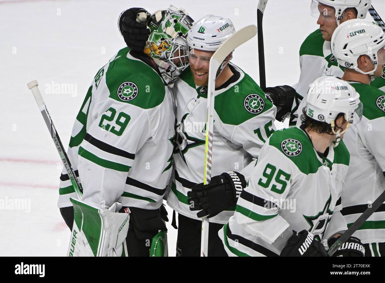 Dallas Stars center Joe Pavelski (16) celebrates with goalie Jake ...