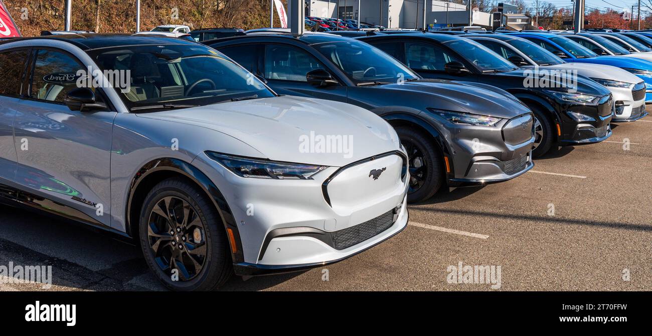 A line of Ford Mustang Mach-Es for sale at a dealership in Monroeville ...