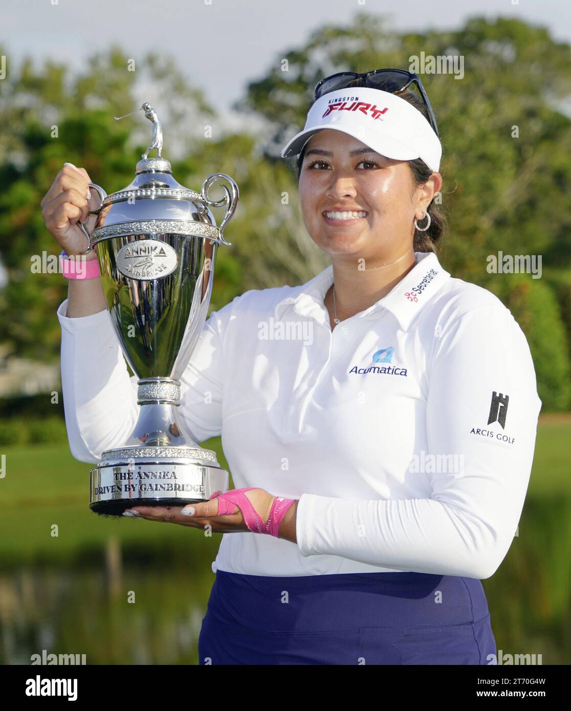 Lilia Vu of the United States holds the trophy after winning the Annika ...