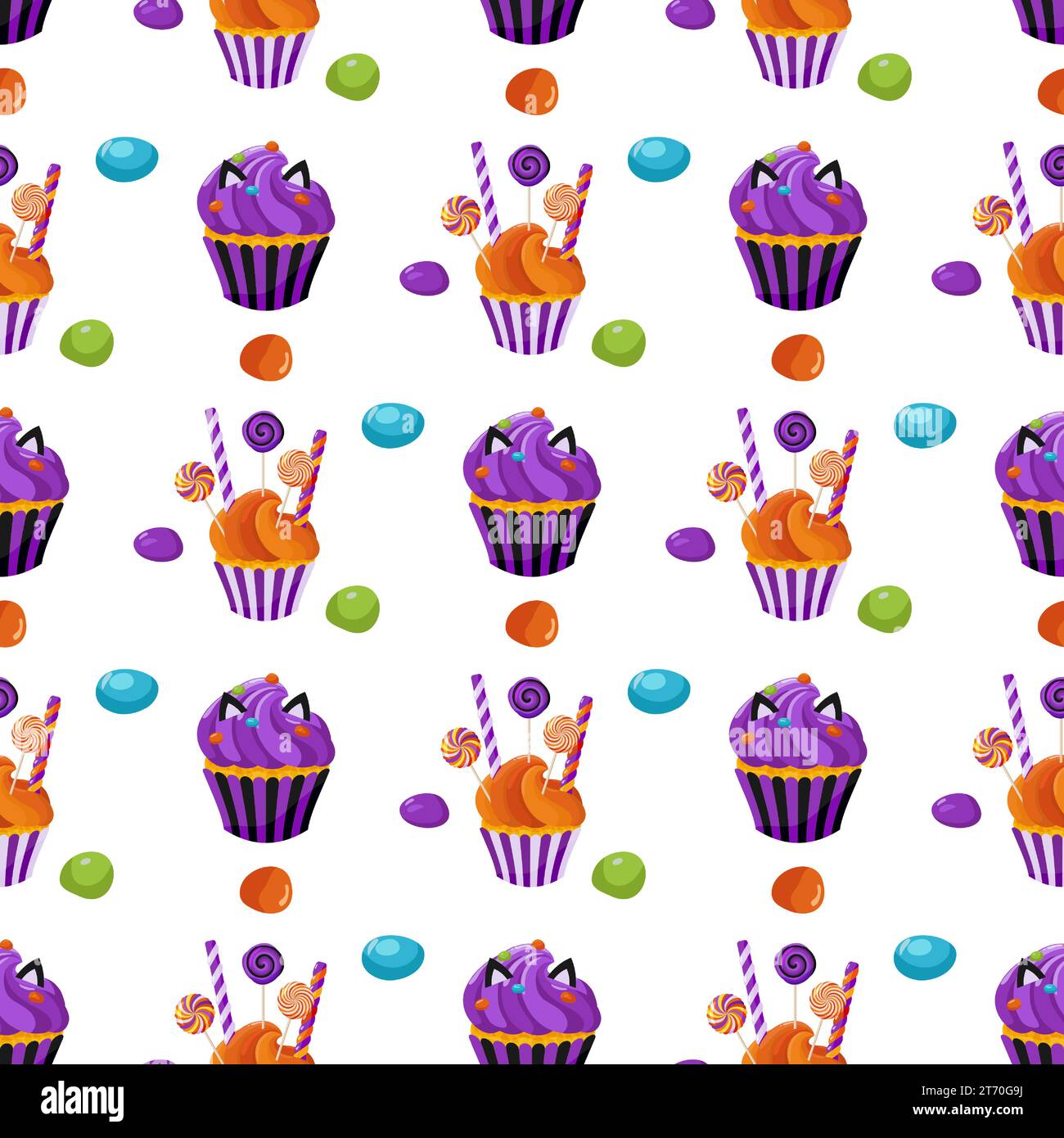 Seamless pattern design with pastries, candies, cookies and cupcake with cream on a white ...