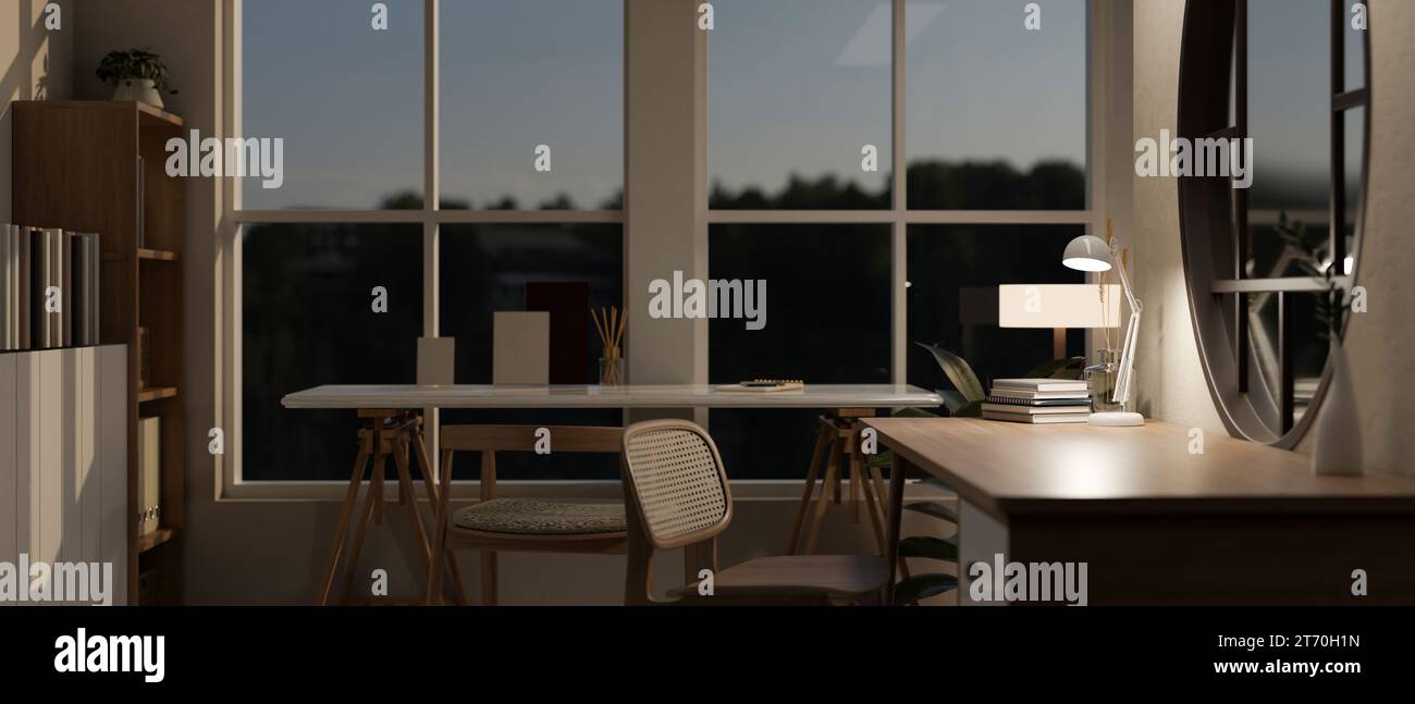 Side view image of a modern Japanese office workspace at night with ...