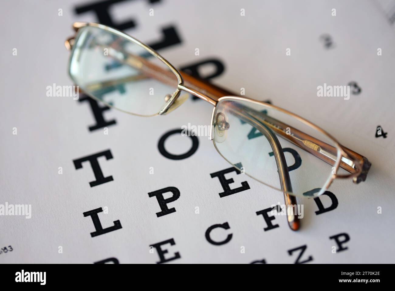 spotted eyeglasses on eyesight test chart isolated on white. eye ...