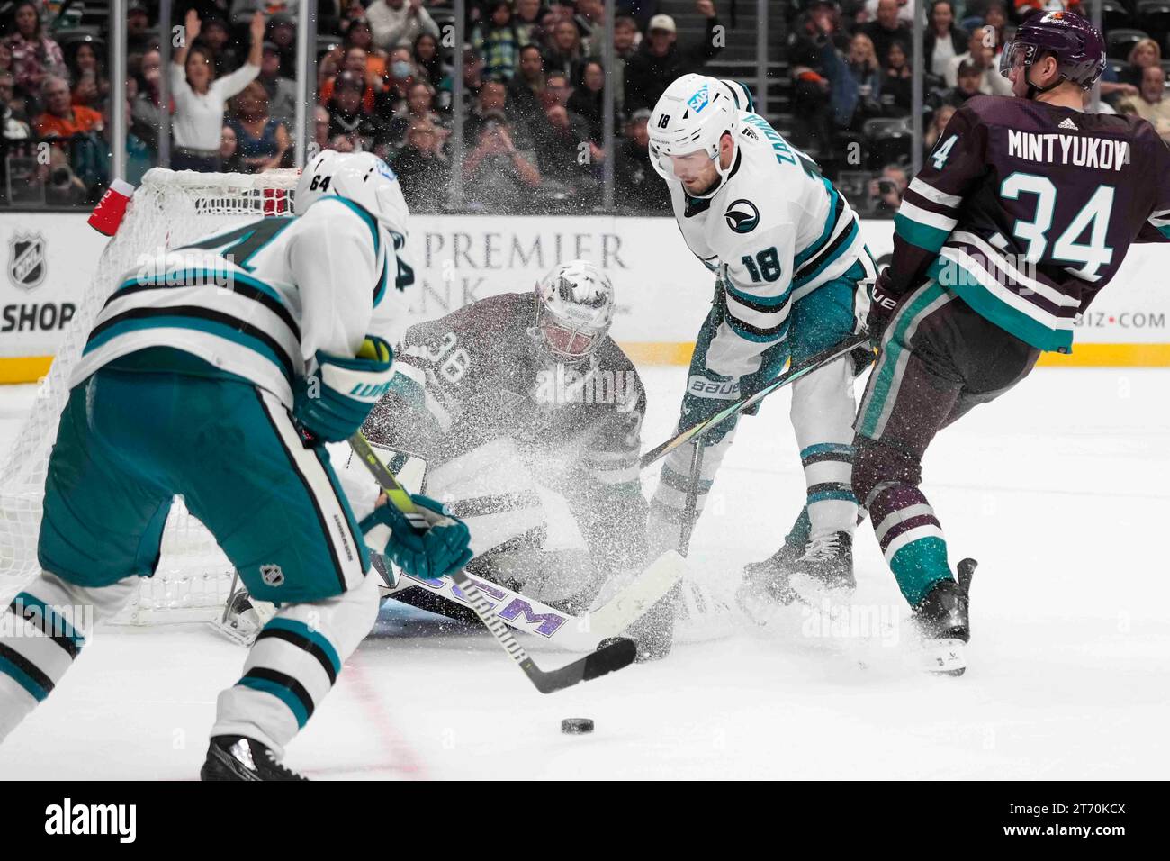 Anaheim Ducks goaltender John Gibson (36) makes a save against San Jose ...