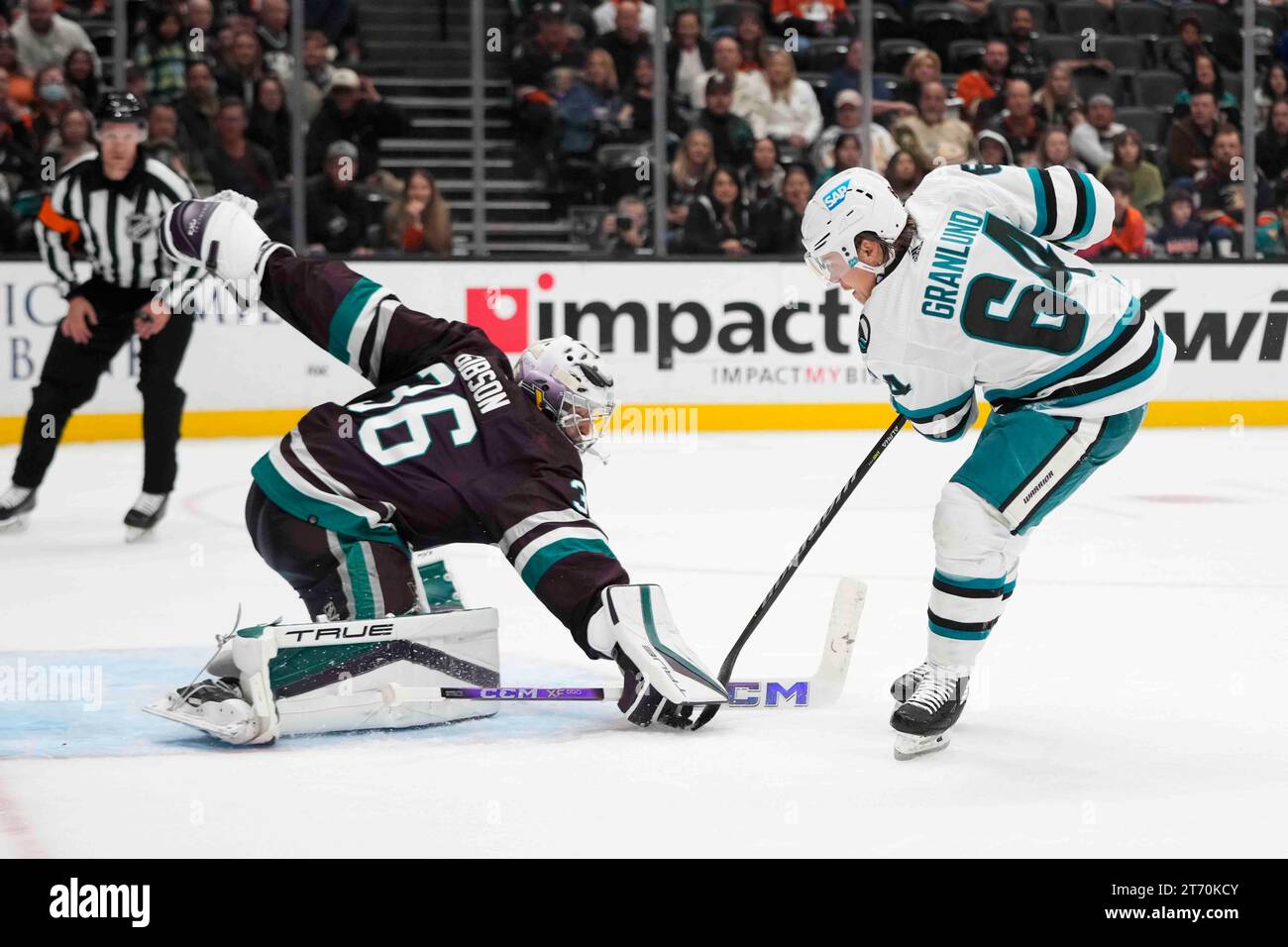 Anaheim Ducks goaltender John Gibson (36) stops a shot by San Jose ...