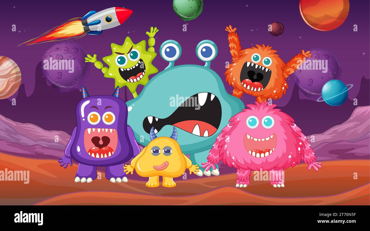 A group of adorable alien monster characters having fun in outer space ...