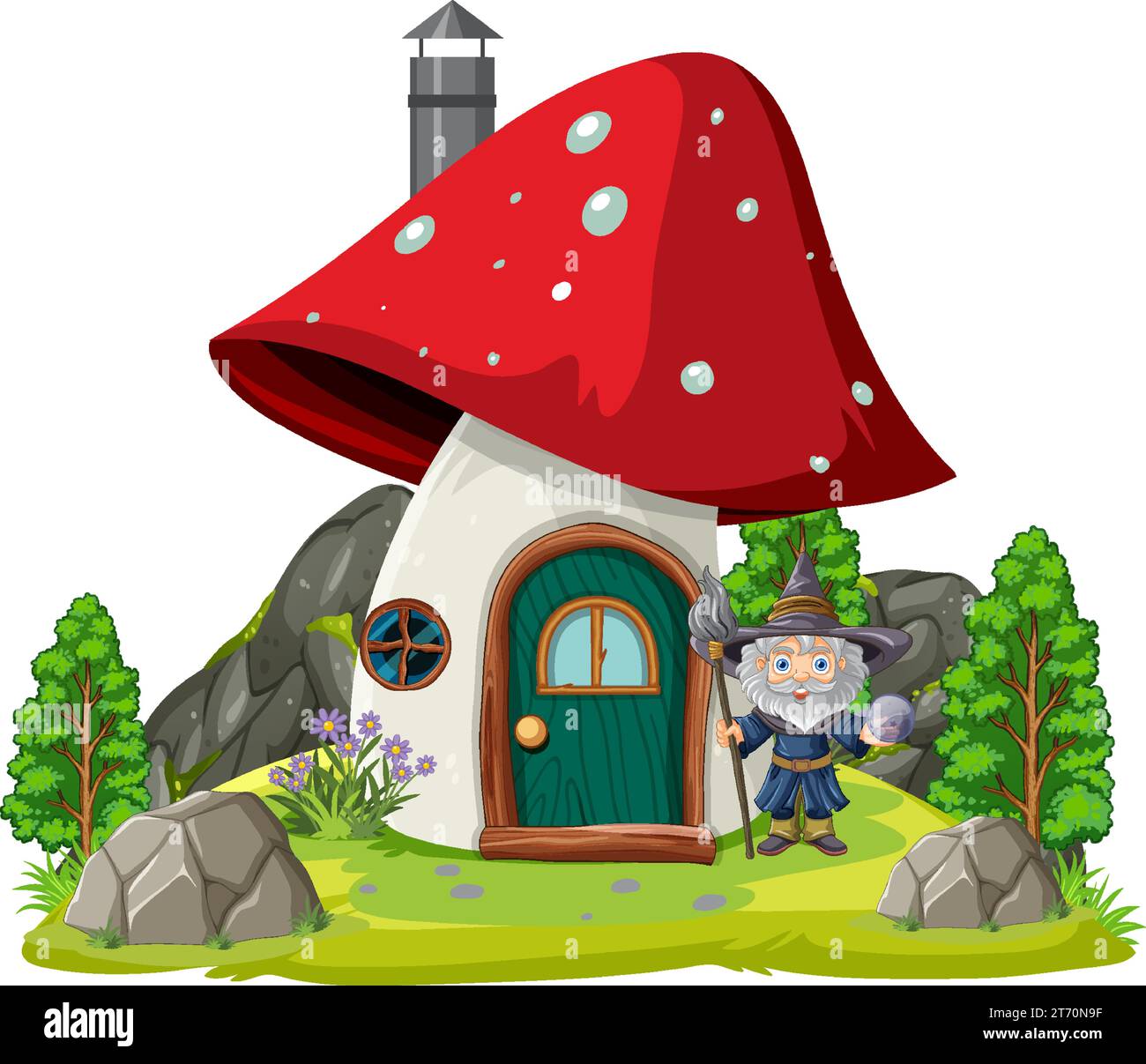 Wizard with Mushroom House in Cartoon Style illustration Stock Vector ...