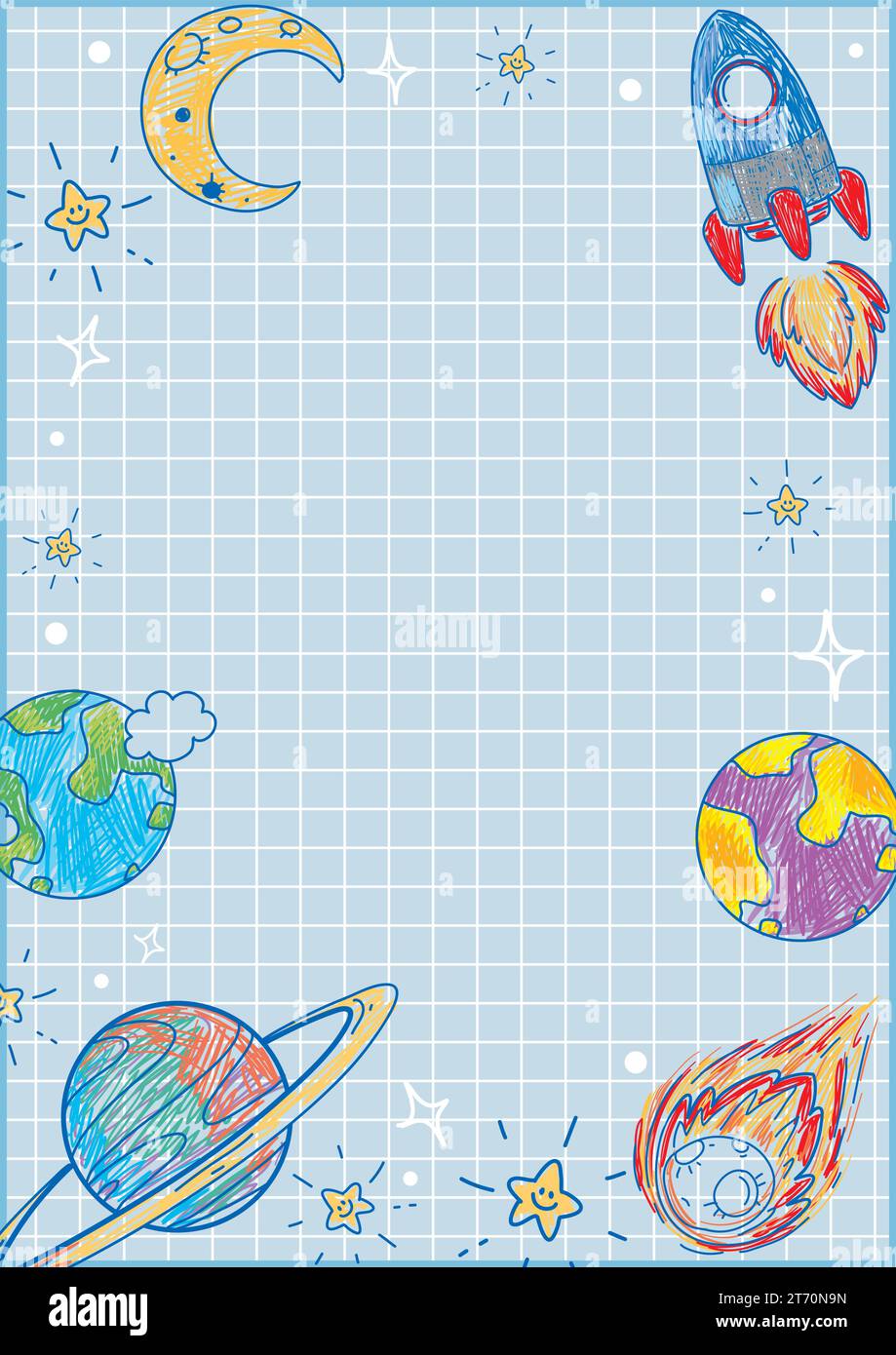 Colorful cartoon drawings of children exploring space on lined notebook ...