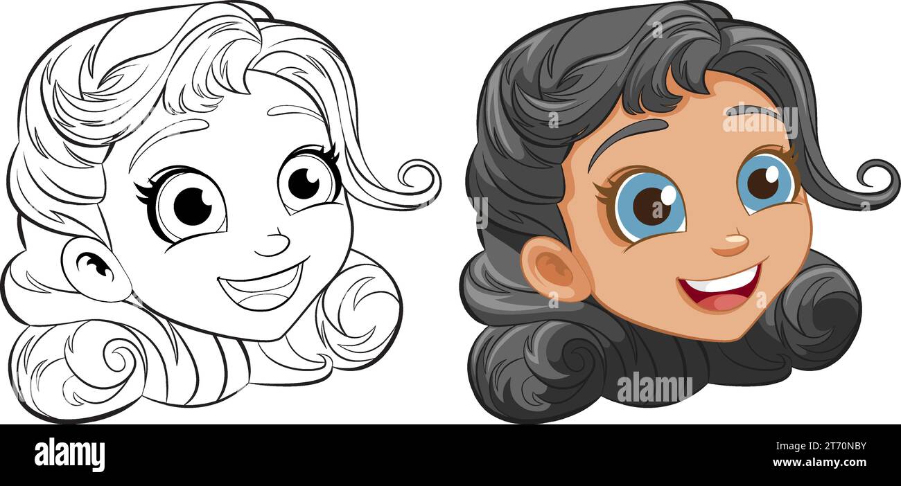 A cheerful cartoon girl's head with an outline, perfect for coloring ...