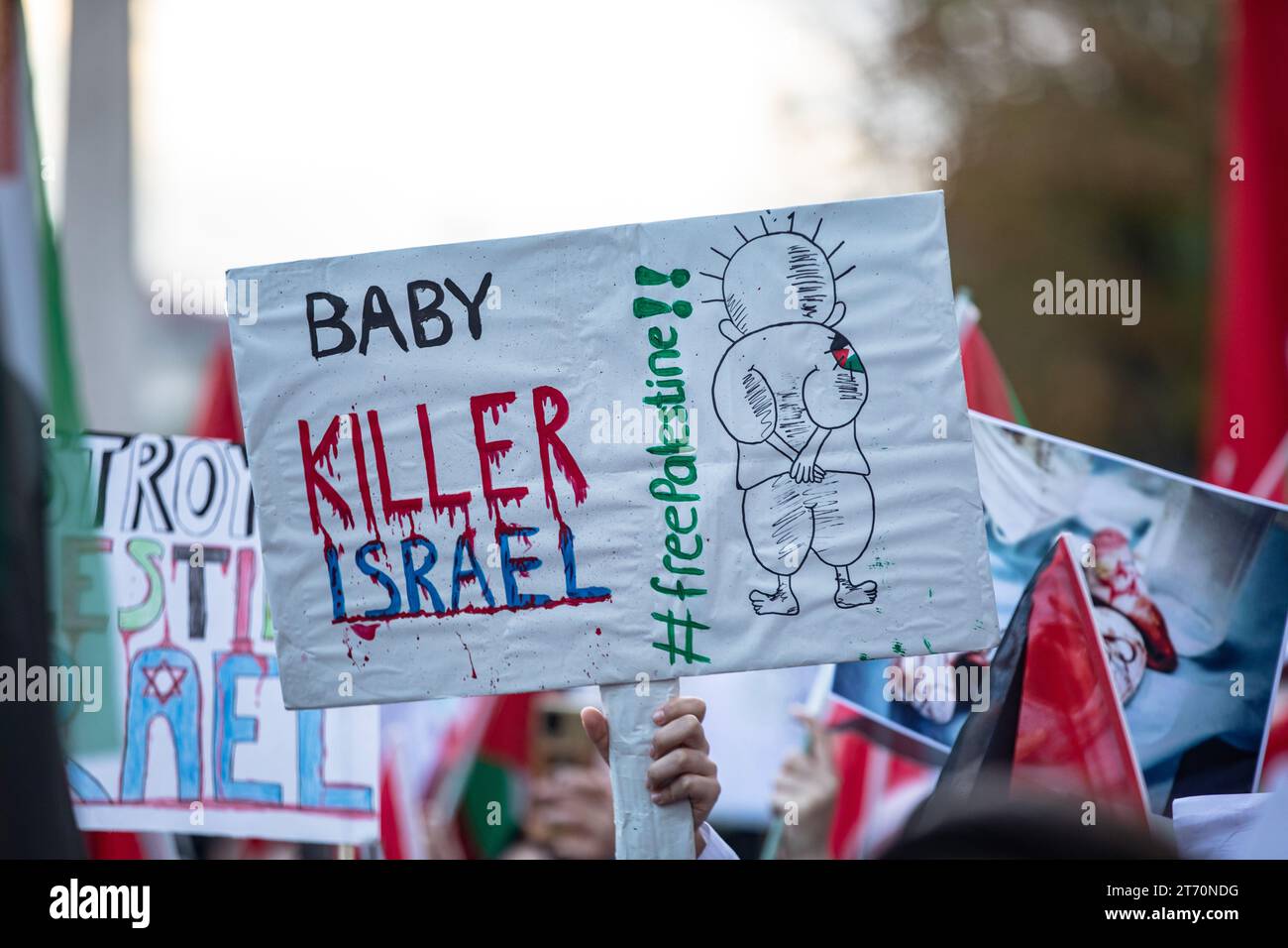 A protester was seen holding a banner saying "baby killer Israel ...