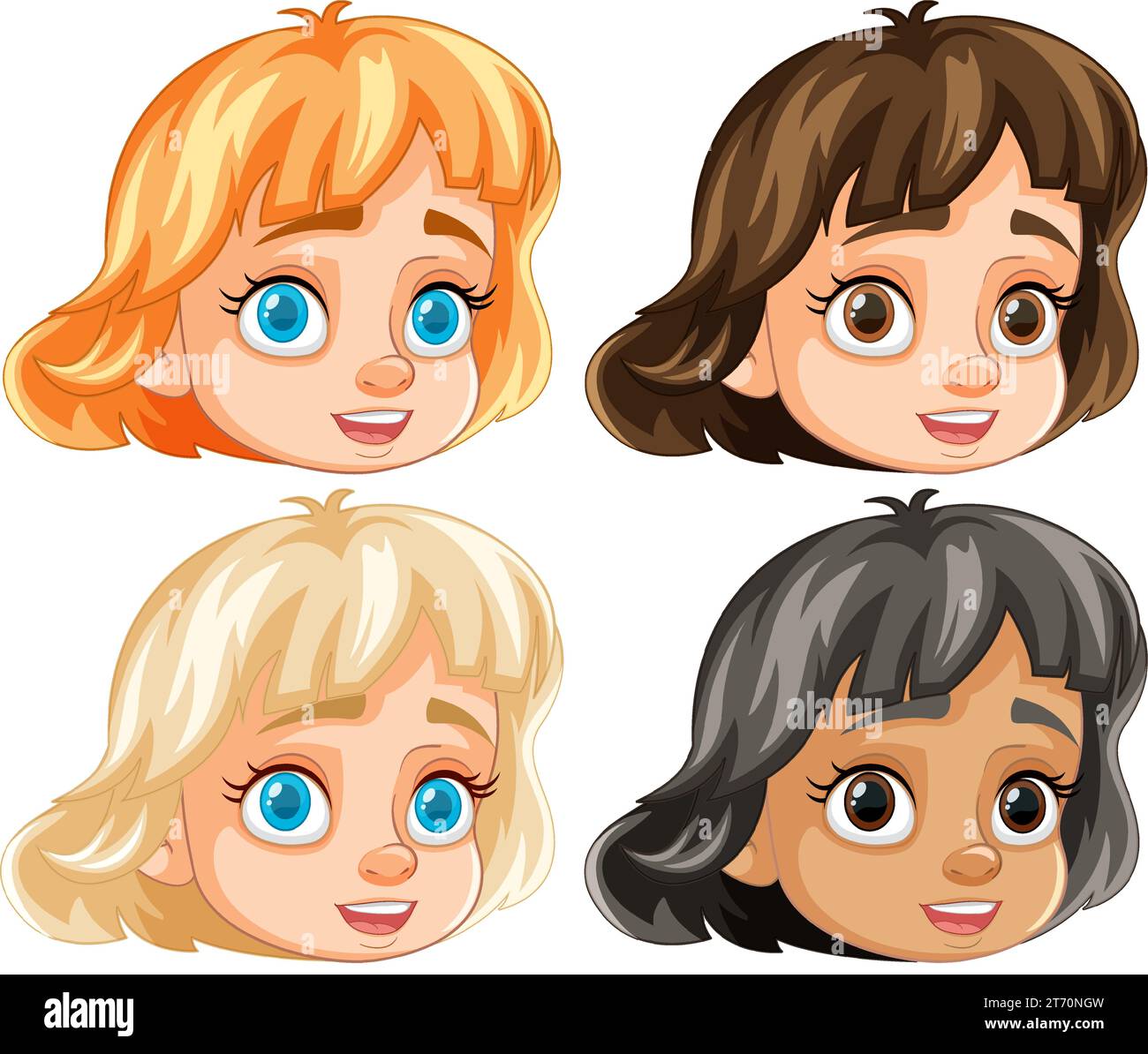 A set of cute vector illustrations featuring four girls with short hair ...