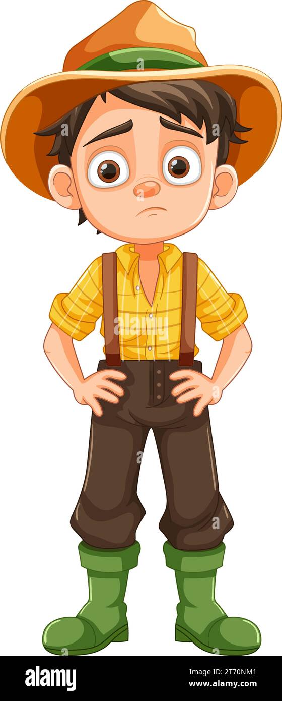 A vector cartoon illustration of a bored and sad boy wearing farmer ...