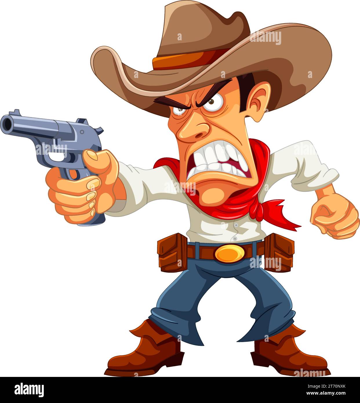 An angry cowboy wearing a hat, holding a gun in a vector cartoon ...