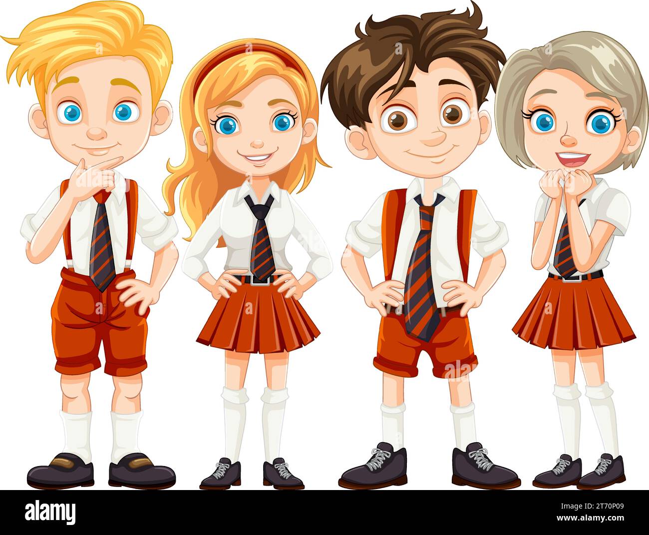 Group of students in uniform depicted as cartoon characters Stock ...