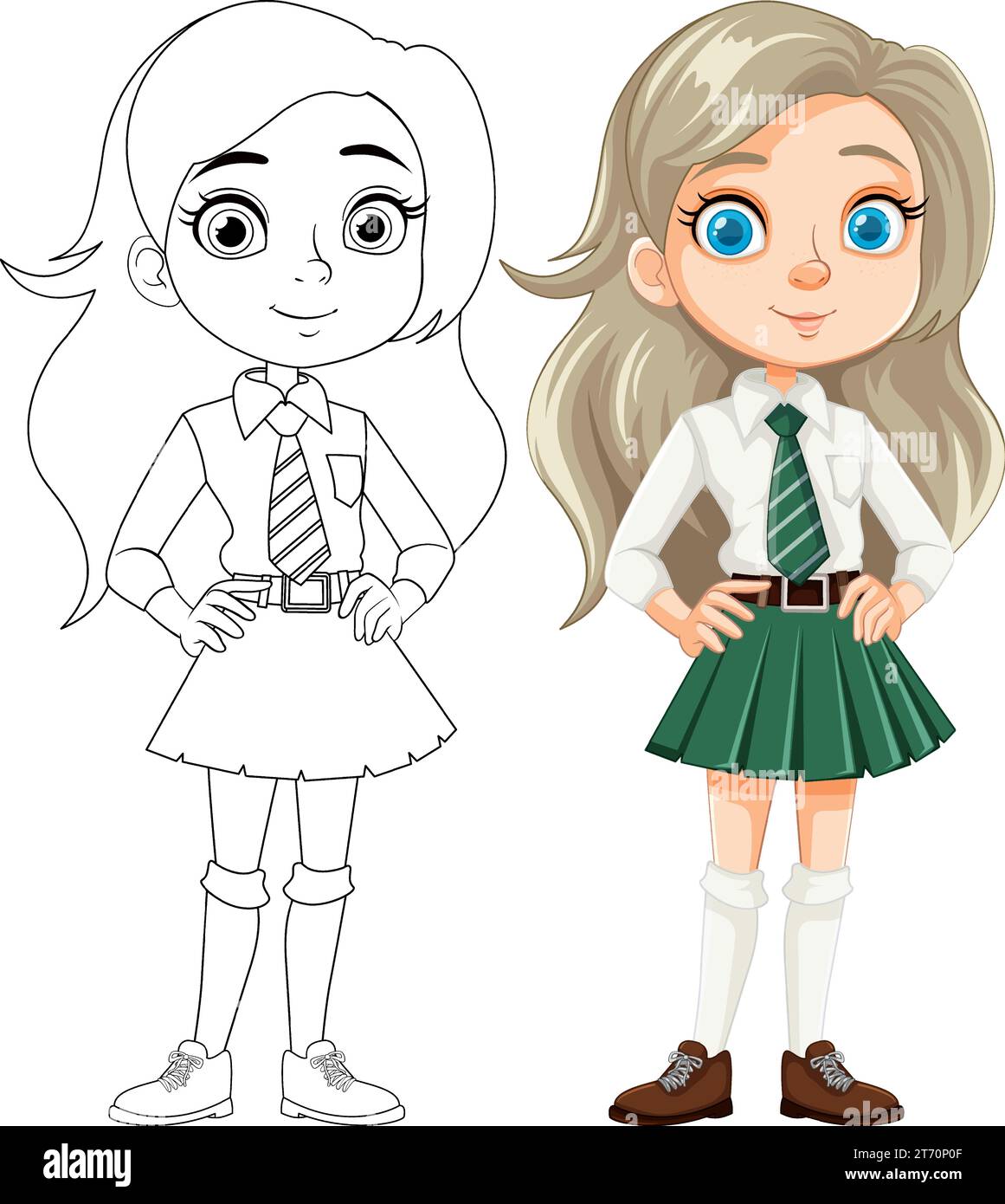 A doodle outline of a teen girl with long hair and a school uniform ...