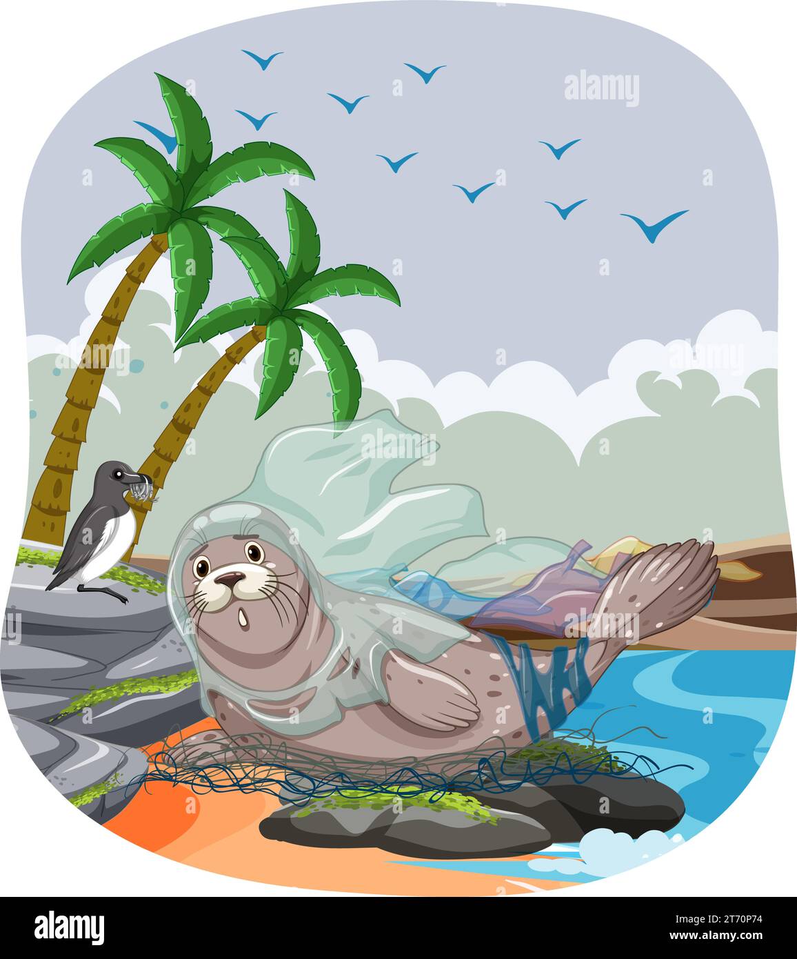 Disturbing image of a seal covered in plastic pollution on a beach ...