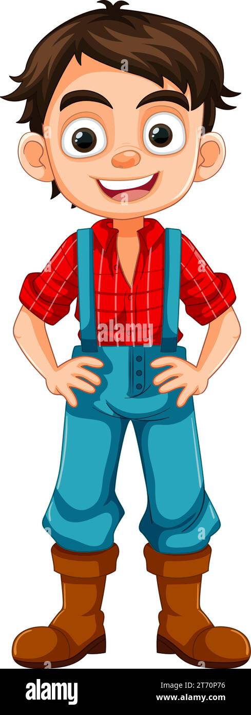 A cheerful cartoon character wearing farmer overalls with a smiley face ...