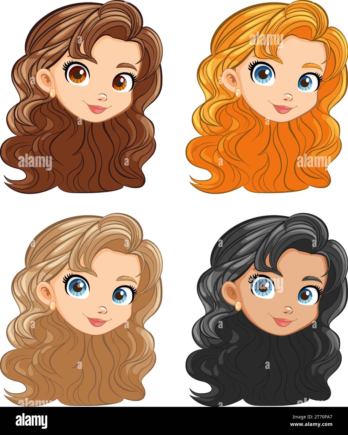 A stunning vector cartoon illustration of a beautiful woman with long ...