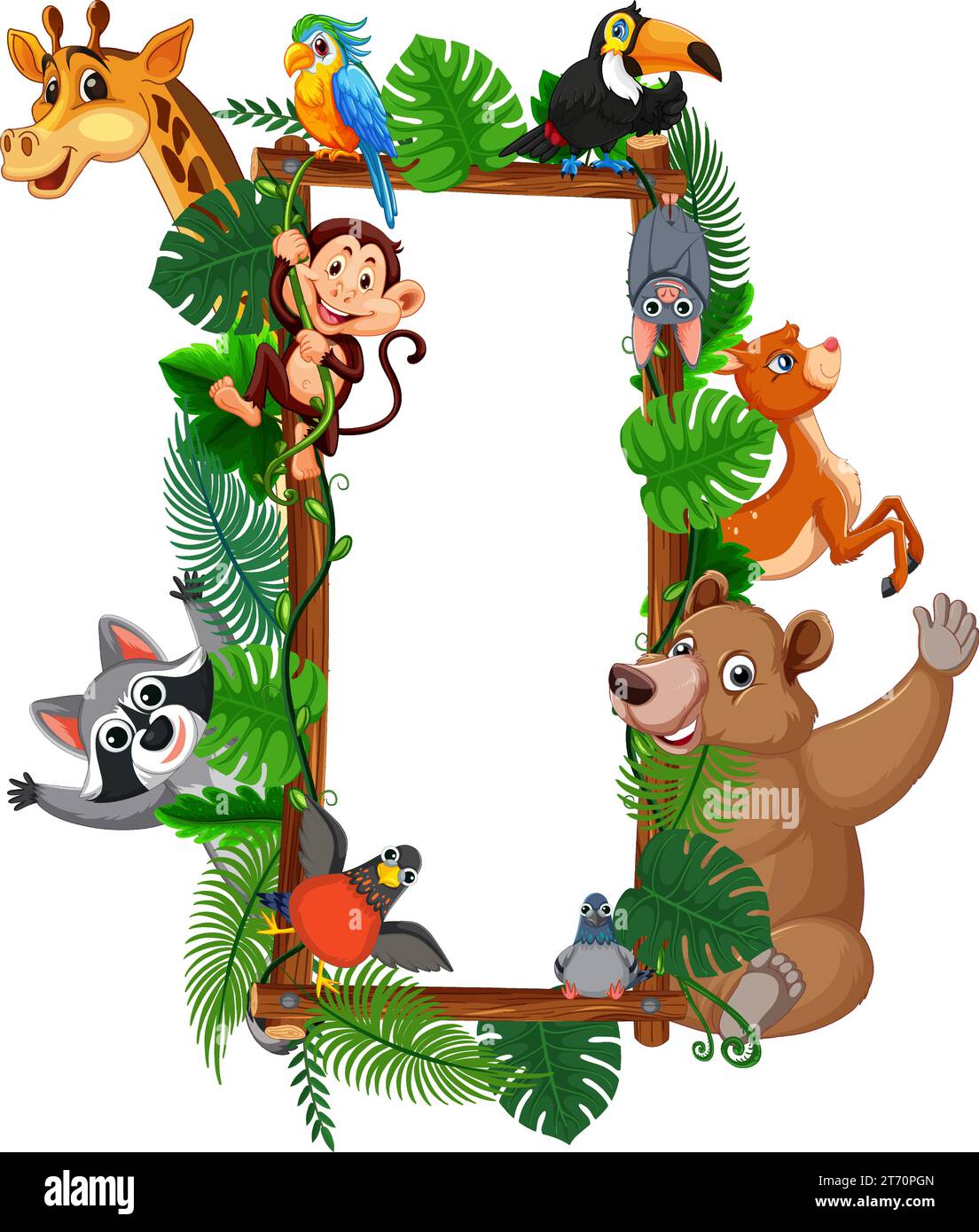 Vector cartoon illustration of zoo animals surrounded by tropical ...