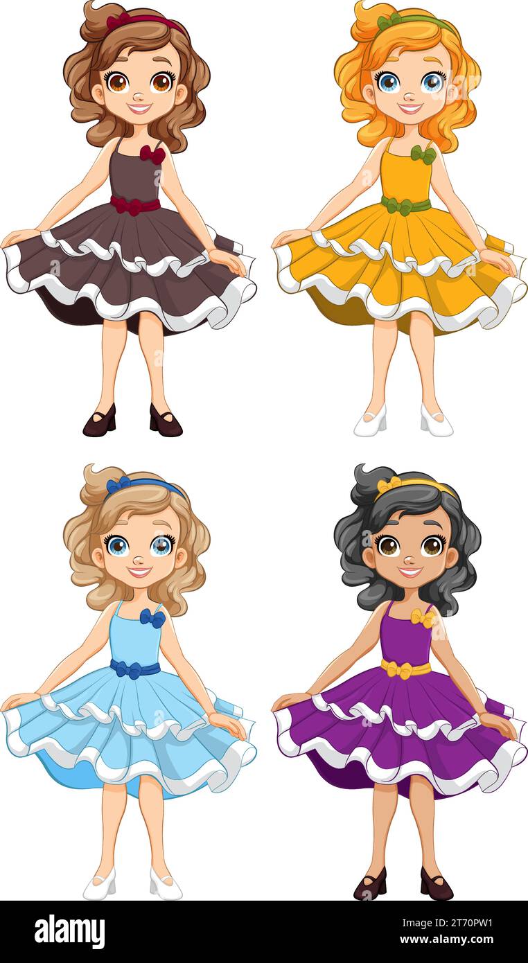 A set of girl cartoon characters dressed as princesses for a fantasy ...