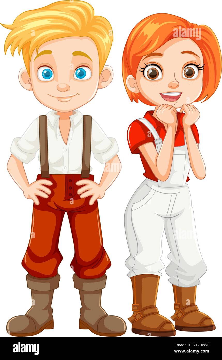 A charming young couple of farmers depicted in a lively cartoon style ...