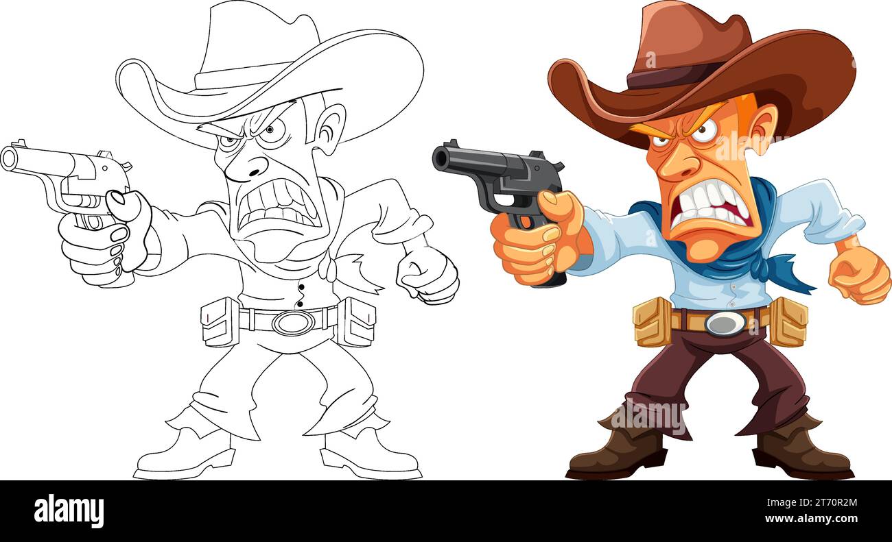 Vector illustration of an angry cowboy holding a gun, wearing a hat ...