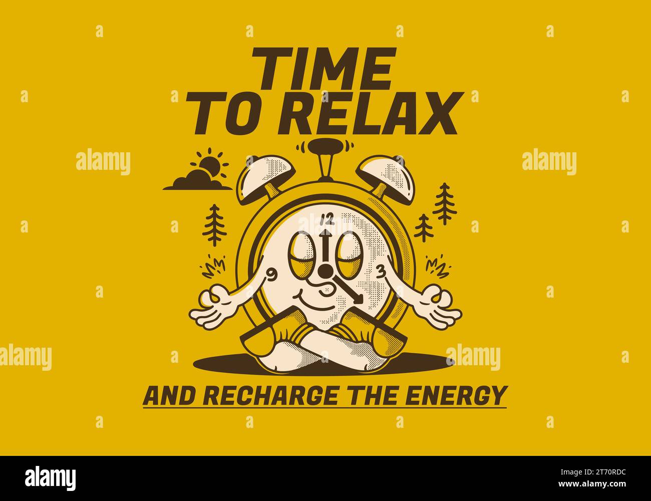 Time to relax. Alarm clock mascot character illustration in meditation ...
