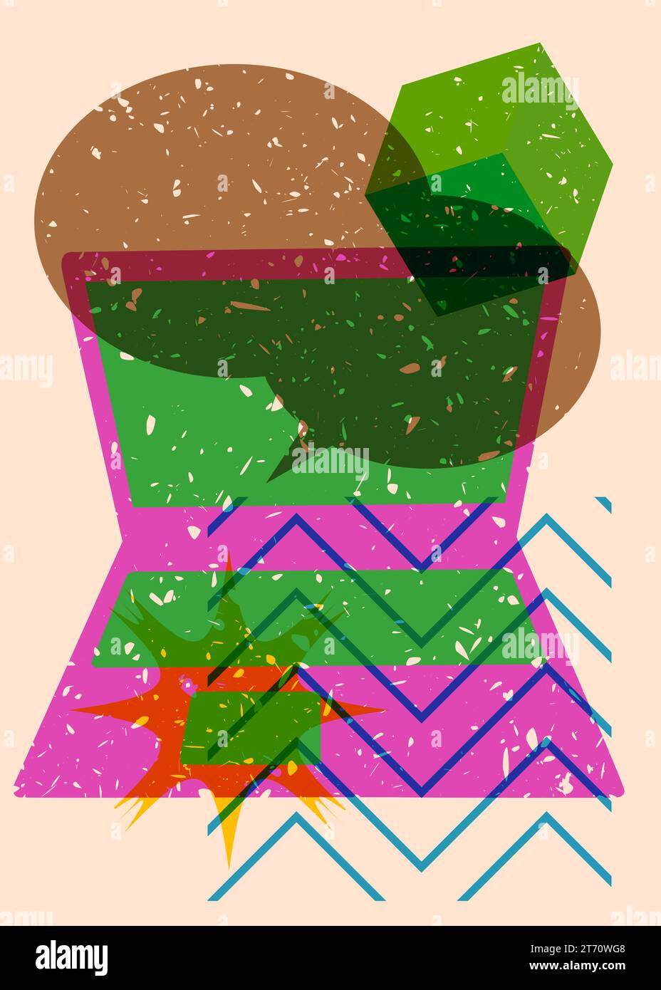 Risograph Laptop with speech bubble and geometric shapes. Objects in trendy riso graph print ...