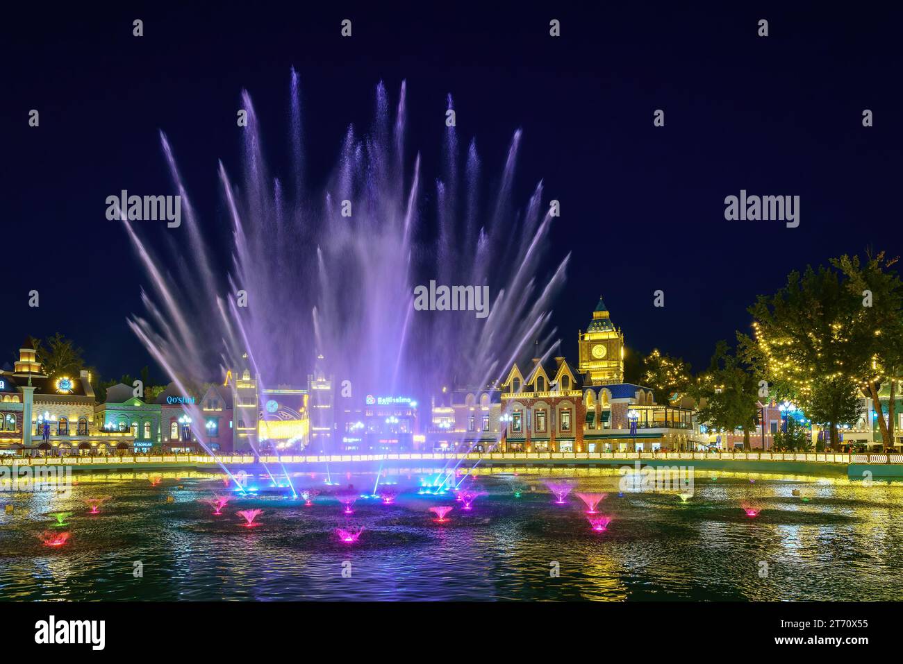 Uzbekistan, Tashkent - September 27, 2023: A fountain with laser ...
